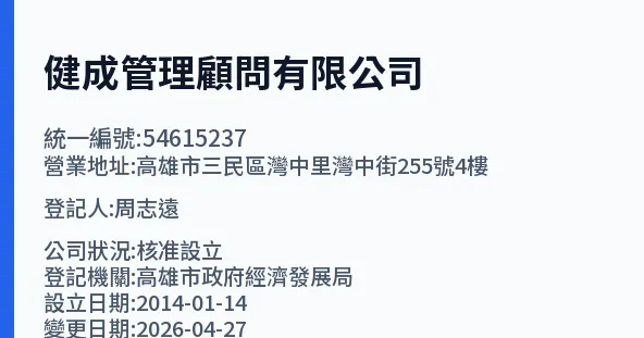 健成管理顧問有限公司的照片-統編 54615237(高雄市) 公司登記資料與營業項目詳細圖表