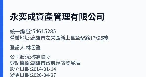 永奕成資產管理有限公司的照片-統編 54615285(高雄市) 公司登記資料與營業項目詳細圖表