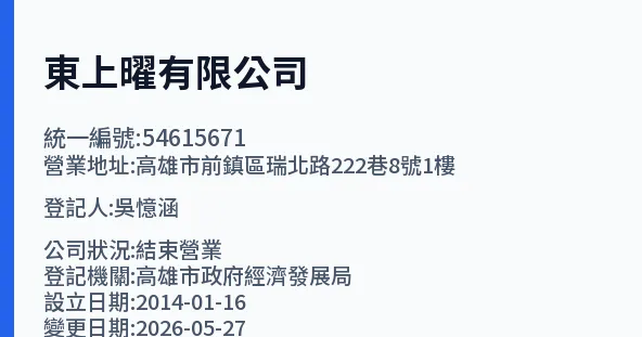 東上曜有限公司的照片-統編 54615671(高雄市) 公司登記資料與營業項目詳細圖表