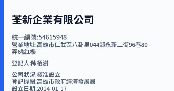 荃新企業有限公司的照片-統編 54615948(高雄市) 公司登記資料與營業項目詳細圖表