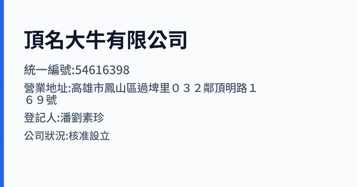 頂名大牛有限公司 - 統編 54616398(高雄市) 公司登記資料與營業項目詳細圖表