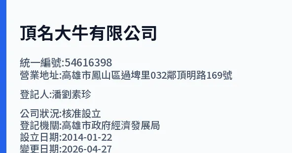 頂名大牛有限公司的照片-統編 54616398(高雄市) 公司登記資料與營業項目詳細圖表