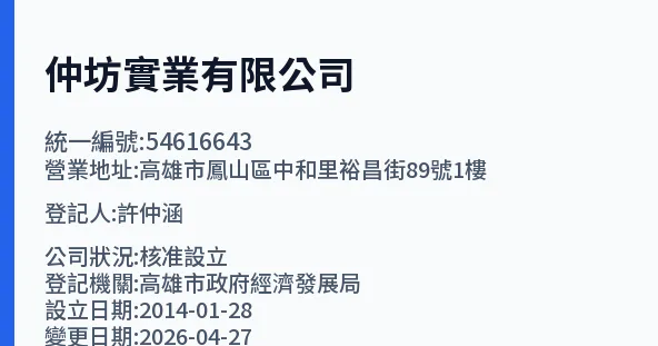 仲坊實業有限公司的照片-統編 54616643(高雄市) 公司登記資料與營業項目詳細圖表