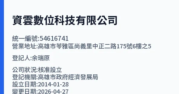 資雲數位科技有限公司的照片-統編 54616741(高雄市) 公司登記資料與營業項目詳細圖表