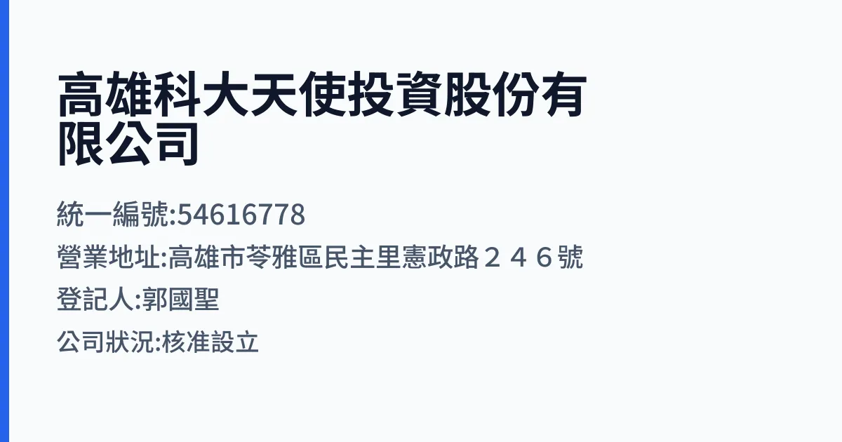 高雄科大天使投資股份有限公司 - 統編 54616778(高雄市) 公司登記資料與營業項目詳細圖表
