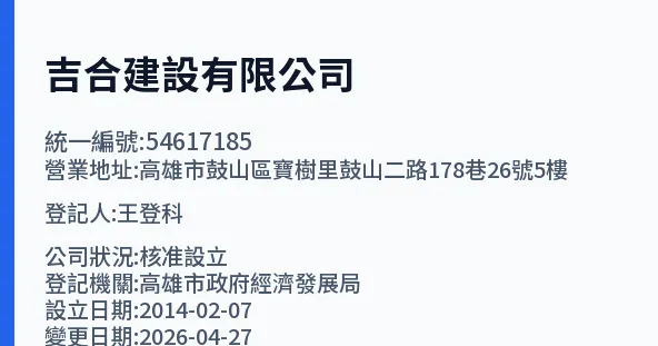吉合建設有限公司的照片-統編 54617185(高雄市) 公司登記資料與營業項目詳細圖表