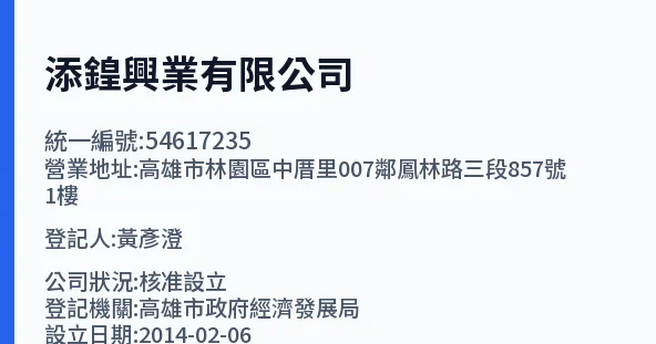 添鍠興業有限公司的照片-統編 54617235(高雄市) 公司登記資料與營業項目詳細圖表