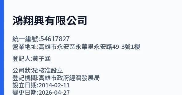 鴻翔興有限公司的照片-統編 54617827(高雄市) 公司登記資料與營業項目詳細圖表