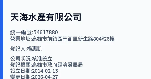 天海水產有限公司的照片-統編 54617880(高雄市) 公司登記資料與營業項目詳細圖表