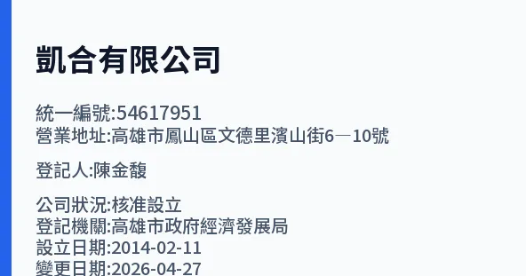 凱合有限公司的照片-統編 54617951(高雄市) 公司登記資料與營業項目詳細圖表