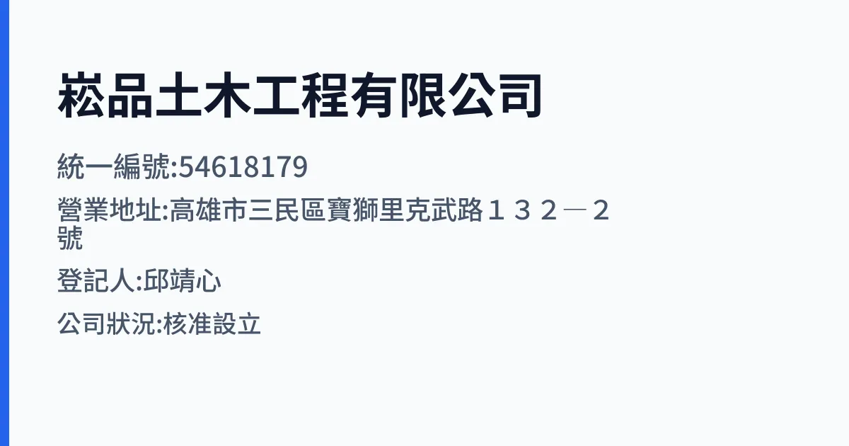 崧品土木工程有限公司 - 統編 54618179(高雄市) 公司登記資料與營業項目詳細圖表