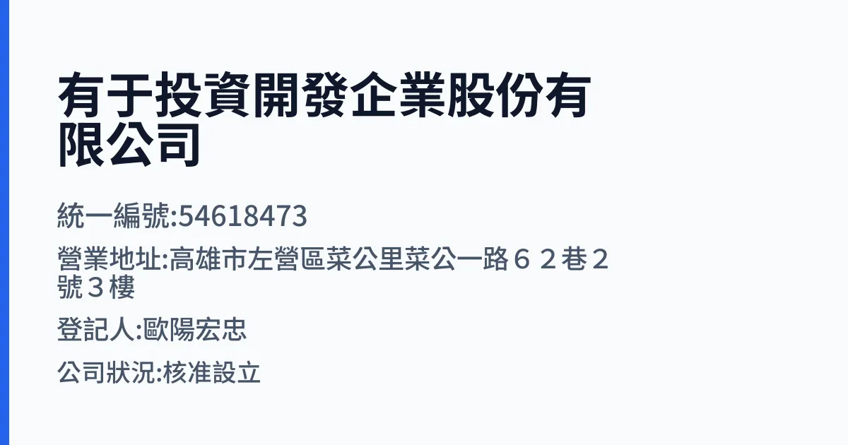 有于投資開發企業股份有限公司 - 統編 54618473(高雄市) 公司登記資料與營業項目詳細圖表