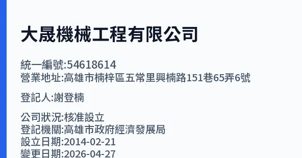 大晟機械工程有限公司的照片-統編 54618614(高雄市) 公司登記資料與營業項目詳細圖表