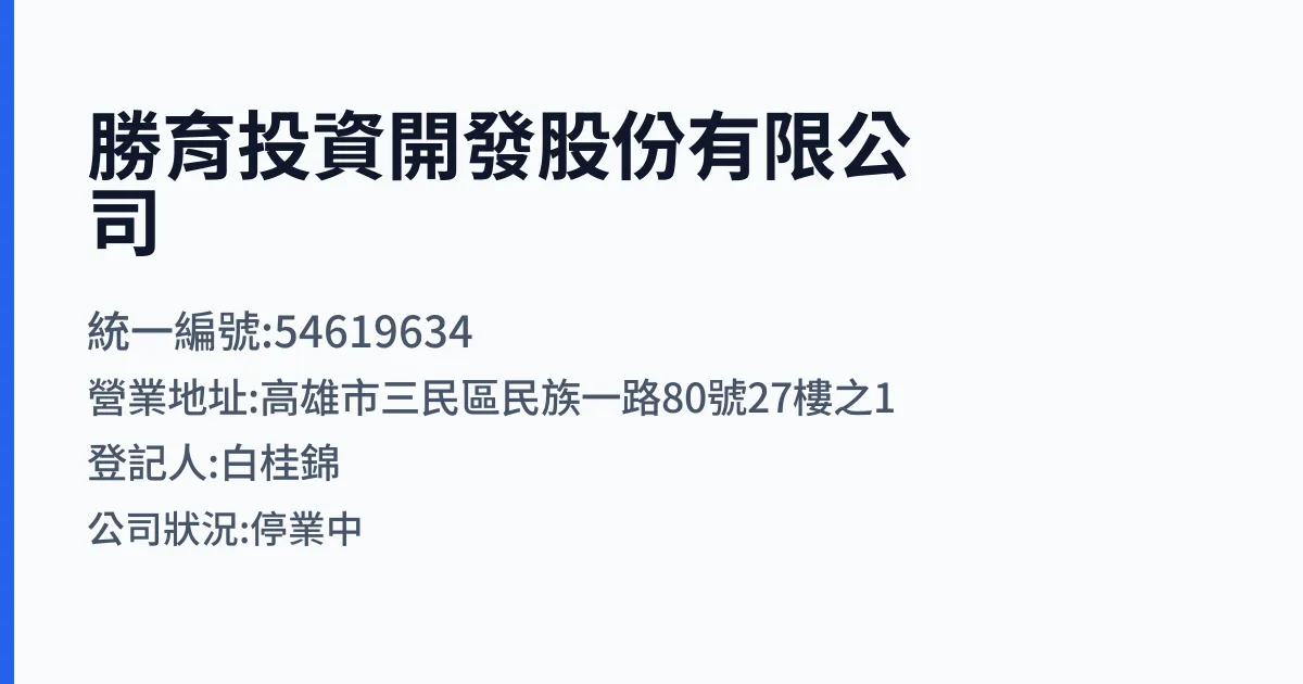 勝育投資開發股份有限公司 - 統編 54619634(高雄市) 公司登記資料與營業項目詳細圖表