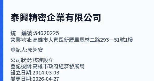 泰興精密企業有限公司的照片-統編 54620225(高雄市) 公司登記資料與營業項目詳細圖表