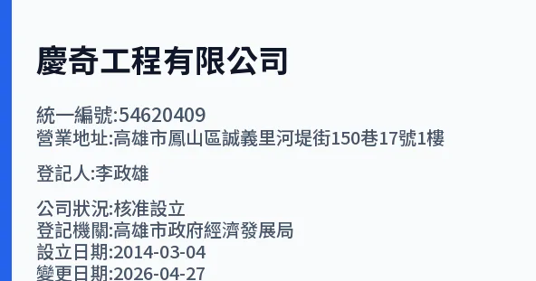 慶奇工程有限公司的照片-統編 54620409(高雄市) 公司登記資料與營業項目詳細圖表