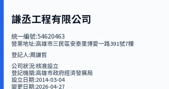 謙丞工程有限公司的照片-統編 54620463(高雄市) 公司登記資料與營業項目詳細圖表