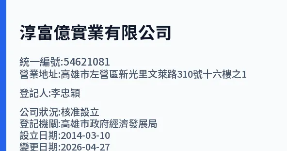 淳富億實業有限公司的照片-統編 54621081(高雄市) 公司登記資料與營業項目詳細圖表