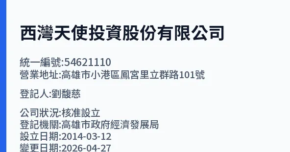 西灣天使投資股份有限公司的照片-統編 54621110(高雄市) 公司登記資料與營業項目詳細圖表
