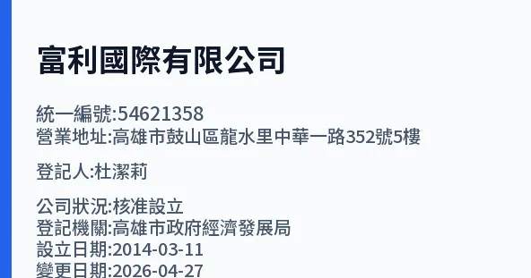 富利國際有限公司的照片-統編 54621358(高雄市) 公司登記資料與營業項目詳細圖表