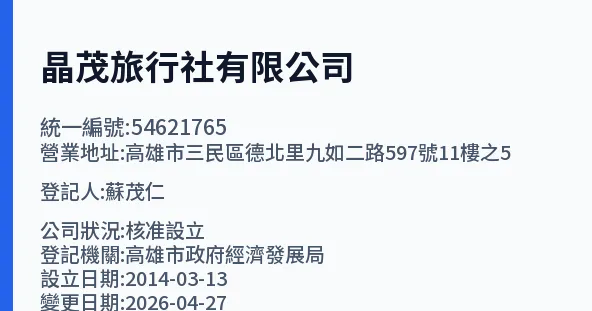 晶茂旅行社有限公司的照片-統編 54621765(高雄市) 公司登記資料與營業項目詳細圖表