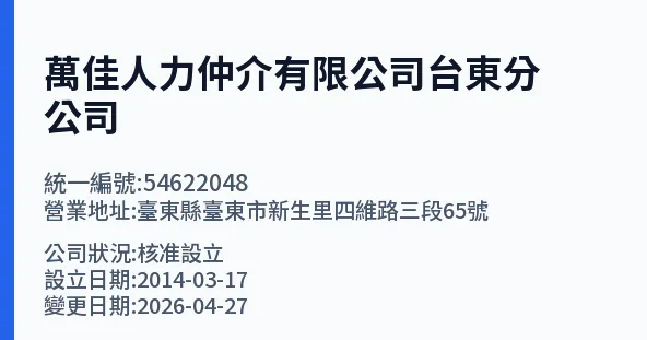 萬佳人力仲介有限公司台東分公司的照片-統編 54622048(臺東縣) 公司登記資料與營業項目詳細圖表