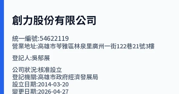 創力股份有限公司的照片-統編 54622119(高雄市) 公司登記資料與營業項目詳細圖表