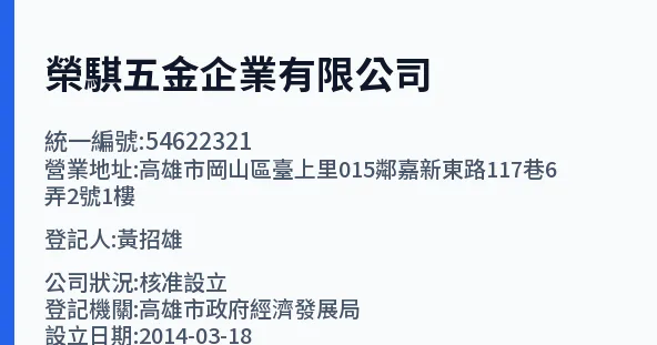 榮騏五金企業有限公司的照片-統編 54622321(高雄市) 公司登記資料與營業項目詳細圖表