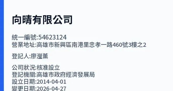 向晴有限公司的照片-統編 54623124(高雄市) 公司登記資料與營業項目詳細圖表