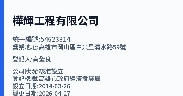 樺輝工程有限公司的照片-統編 54623314(高雄市) 公司登記資料與營業項目詳細圖表