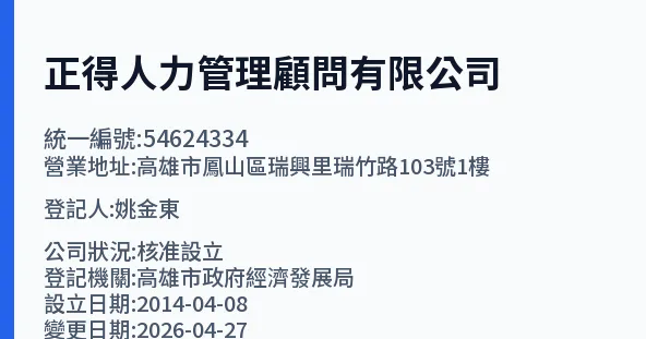 正得人力管理顧問有限公司的照片-統編 54624334(高雄市) 公司登記資料與營業項目詳細圖表