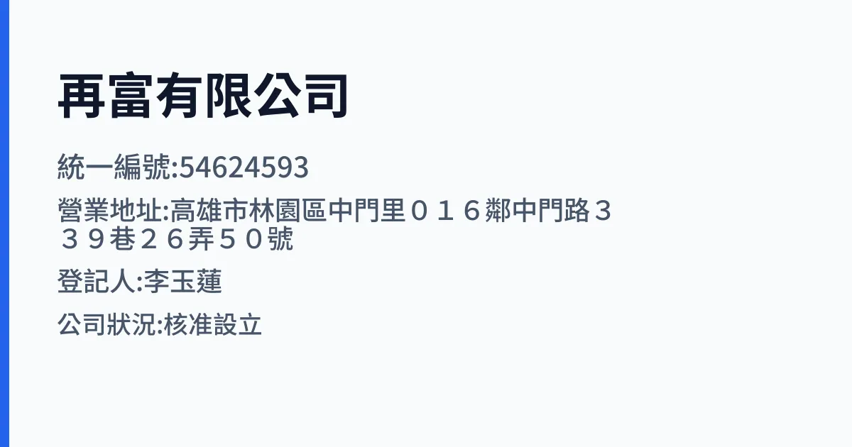 再富有限公司 - 統編 54624593(高雄市) 公司登記資料與營業項目詳細圖表