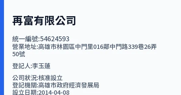 再富有限公司的照片-統編 54624593(高雄市) 公司登記資料與營業項目詳細圖表