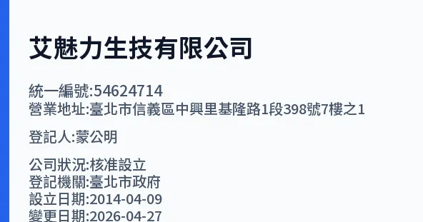 艾魅力生技有限公司的照片-統編 54624714(臺北市) 公司登記資料與營業項目詳細圖表