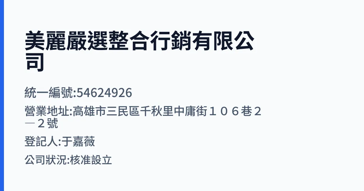 美麗嚴選整合行銷有限公司 - 統編 54624926(高雄市) 公司登記資料與營業項目詳細圖表