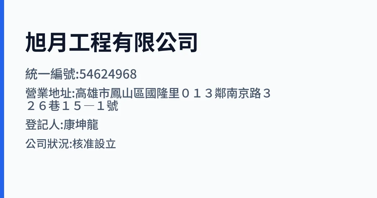 旭月工程有限公司 - 統編 54624968(高雄市) 公司登記資料與營業項目詳細圖表