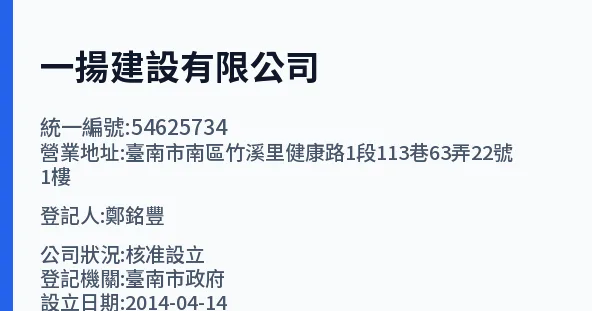一揚建設有限公司的照片-統編 54625734(臺南市) 公司登記資料與營業項目詳細圖表