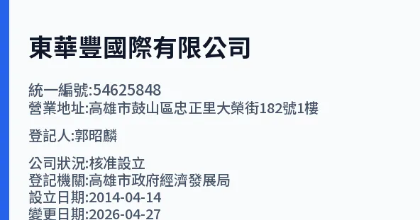 東華豐國際有限公司的照片-統編 54625848(高雄市) 公司登記資料與營業項目詳細圖表