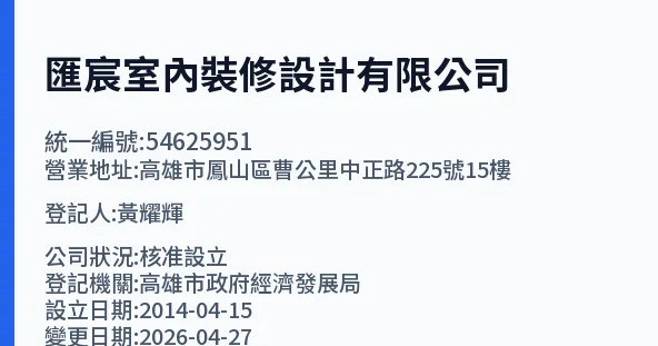 匯宸室內裝修設計有限公司的照片-統編 54625951(高雄市) 公司登記資料與營業項目詳細圖表
