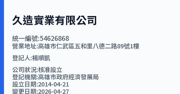 久造實業有限公司的照片-統編 54626868(高雄市) 公司登記資料與營業項目詳細圖表