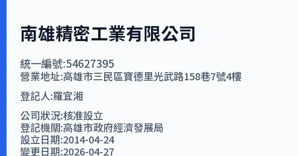 南雄精密工業有限公司的照片-統編 54627395(高雄市) 公司登記資料與營業項目詳細圖表