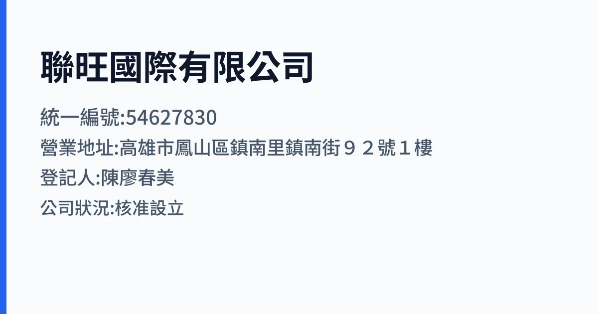 聯旺國際有限公司 - 統編 54627830(高雄市) 公司登記資料與營業項目詳細圖表