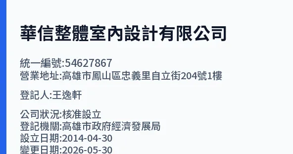華信整體室內設計有限公司的照片-統編 54627867(高雄市) 公司登記資料與營業項目詳細圖表
