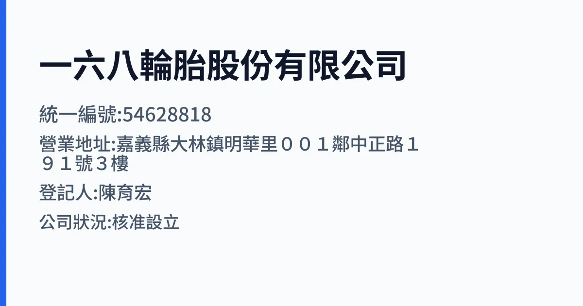 一六八輪胎股份有限公司 - 統編 54628818(高雄市) 公司登記資料與營業項目詳細圖表