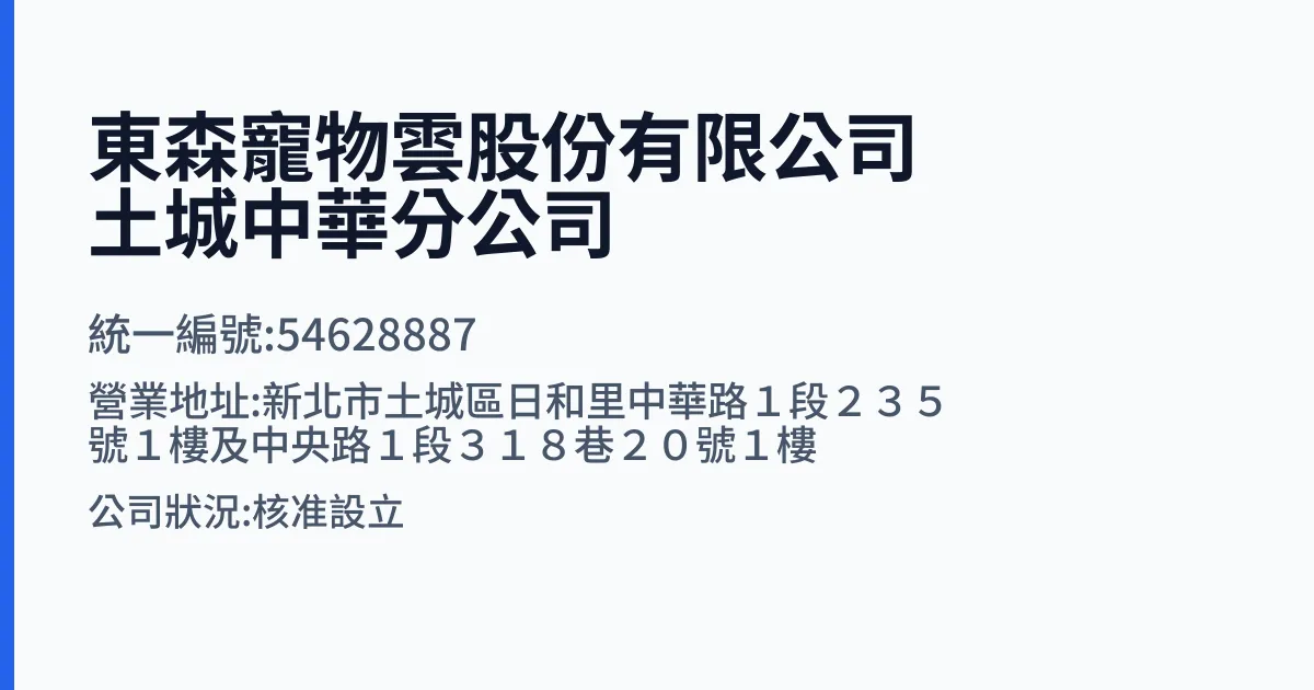 東森寵物雲股份有限公司土城中華分公司 - 統編 54628887(新北市) 公司登記資料與營業項目詳細圖表