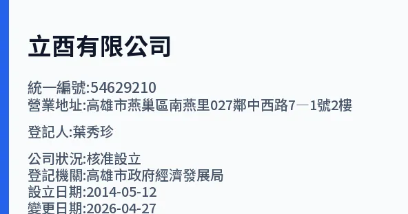 立酉有限公司的照片-統編 54629210(高雄市) 公司登記資料與營業項目詳細圖表