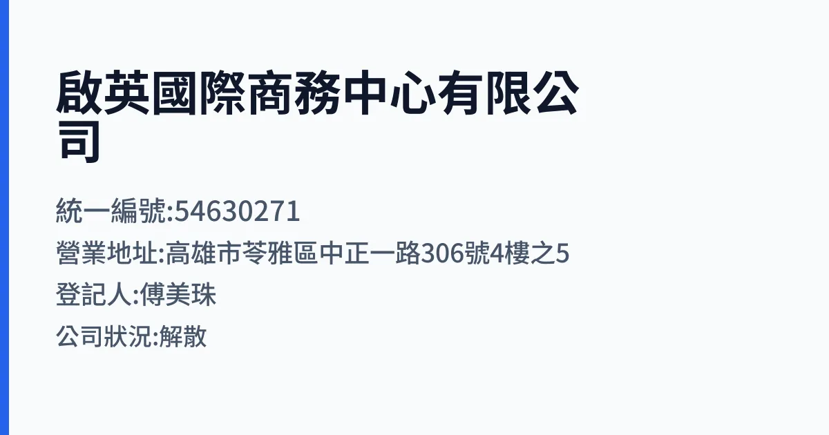 啟英國際商務中心有限公司 - 統編 54630271(高雄市) 公司登記資料與營業項目詳細圖表