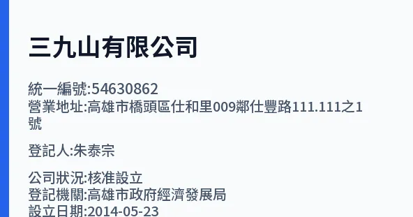 三九山有限公司的照片-統編 54630862(高雄市) 公司登記資料與營業項目詳細圖表