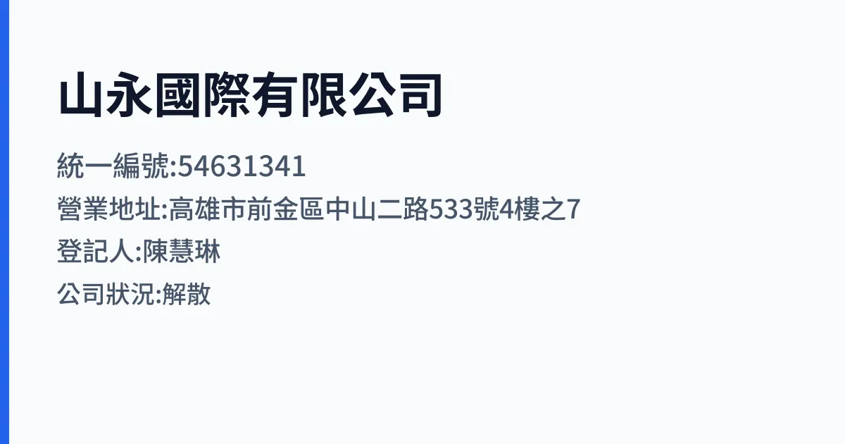山永國際有限公司 - 統編 54631341(高雄市) 公司登記資料與營業項目詳細圖表