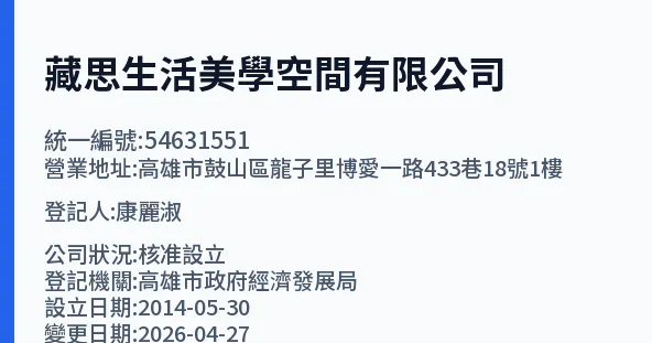 藏思生活美學空間有限公司的照片-統編 54631551(高雄市) 公司登記資料與營業項目詳細圖表